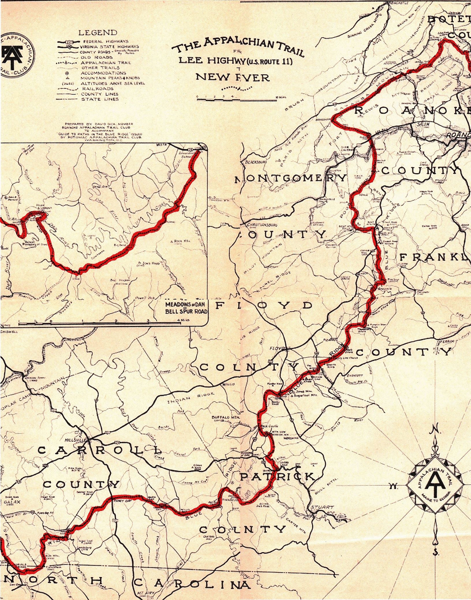 David Dick’s 1933 map of the A.T. from Roanoke to New River | Roanoke ...